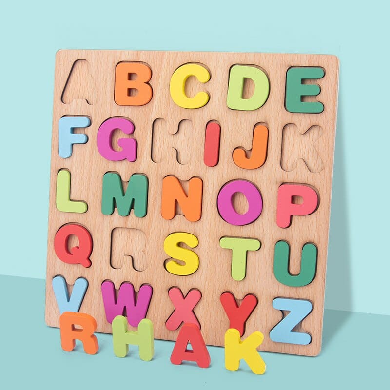 Planche de bois avec puzzle coloré alphabet et chiffre • Enfant World